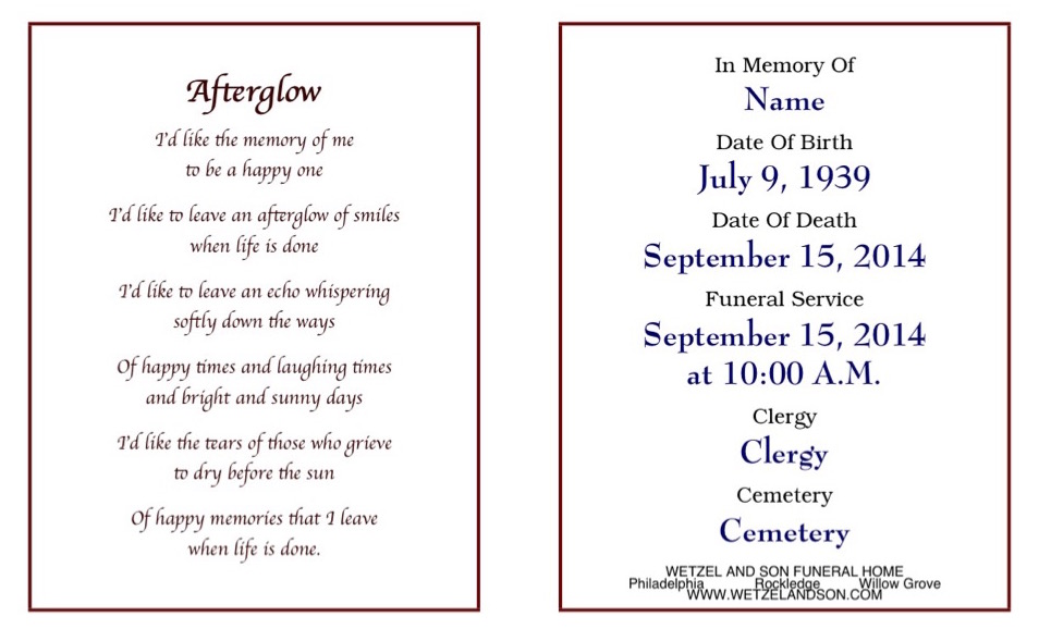 Funeral Memorial Folder Poems